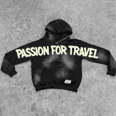 China Custom French Terry Acid Wash Applique Raw Edge Boxy Fit Dropped Shoulder Hoodie for sale