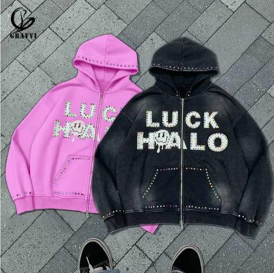 China Custom Rhinestone Letter Graphic Full Zip Hoodie Oversized Streetwear Washed for sale