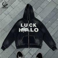 China Custom Rhinestone Letter Graphic Full Zip Hoodie Oversized Streetwear Washed for sale