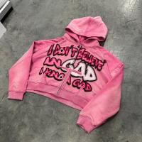 China Custom Retro Sweatshirt Acid Wash Distressed Print Cotton Boxy Fit Zip Up Hoodie Men for sale