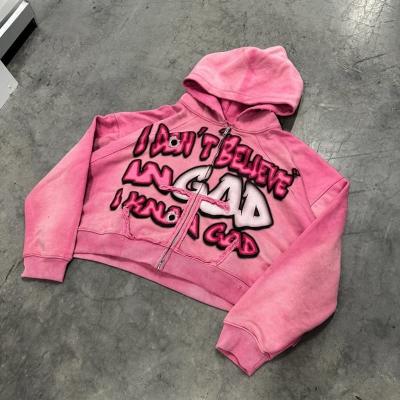 China Custom Retro Sweatshirt Acid Wash Distressed Print Cotton Boxy Fit Zip Up Hoodie Men for sale