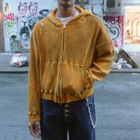 China Custom Zip up Hoodies Heavyweight Waffle Knit Textured Acid Washed Ripped for sale