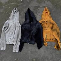 China Custom Zip up Hoodies Heavyweight Waffle Knit Textured Acid Washed Ripped for sale