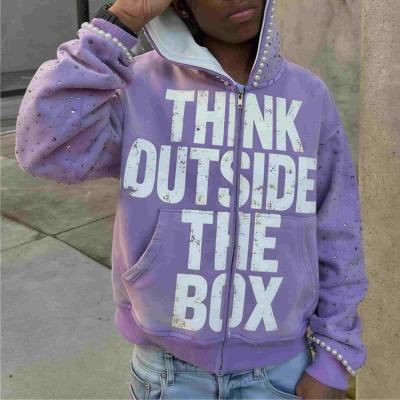 China Custom Y2K Rhinestone Embellished Pearl Distressed Acid Wash Boxy Fit Zip up Hoodies for sale