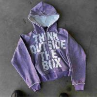 China Custom Y2K Rhinestone Embellished Pearl Distressed Acid Wash Boxy Fit Zip up Hoodies for sale