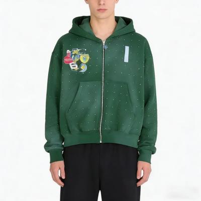 China High End Bling Hoodie Heavyweight Sun Faded Wash Distressed Patch Embroidery for sale