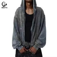 China Custom Zip Up Hoodie With Rhinestones Streetwear Y2K Heavyweight Fleece for sale