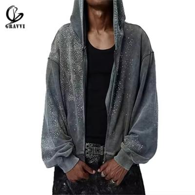China Custom Zip Up Hoodie With Rhinestones Streetwear Y2K Heavyweight Fleece for sale