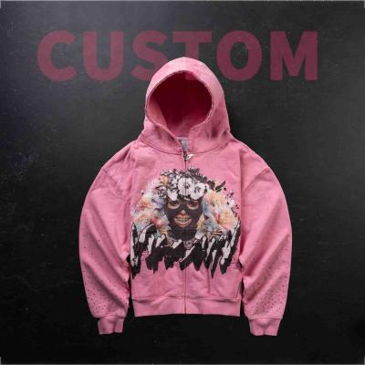 China Custom Full Zip Hoodie Vintage Wash Rhinestone Sleeve OEM ODM for sale
