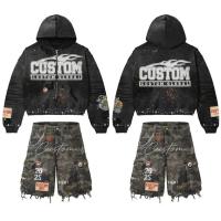 China Custom Distressed Acid Wash Streetwear Zip Up Hoodie Camo Shorts Set for sale