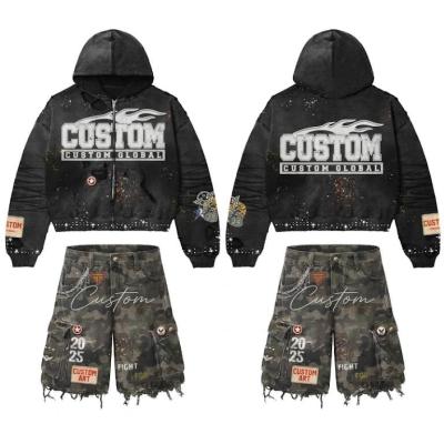 China Custom Distressed Acid Wash Streetwear Zip Up Hoodie Camo Shorts Set for sale