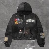 China Custom Distressed Acid Wash Streetwear Zip Up Hoodie Camo Shorts Set for sale