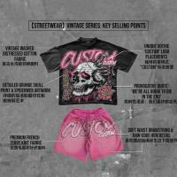 China Custom Heavyweight Acid Wash French Terry Streetwear Graphic Short Set for sale