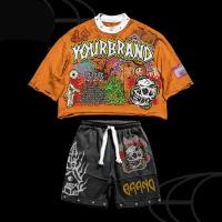 China Custom Sun Faded Wash Y2K Grunge Boxy Cropped Tee and Studded Shorts Set for sale