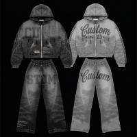 China Custom French Terry Rhinstone Acid Wash Zip-Up Hoodie and Sweatpants Set for sale