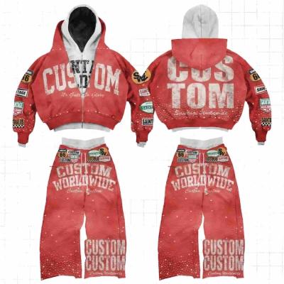China Custom Heavyweight Washed Tracksuit with Rhinestones and Woven Patches for sale