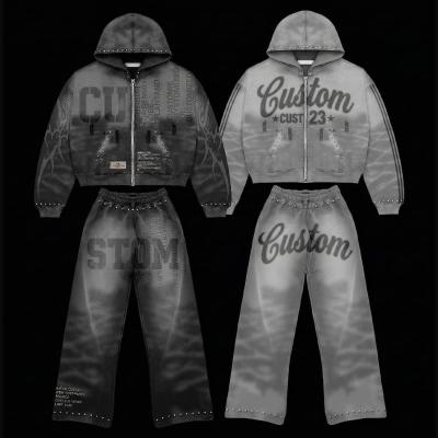 China Custom Vintage Wash Studded Zip-Up Hoodie & Pants Set for Men for sale