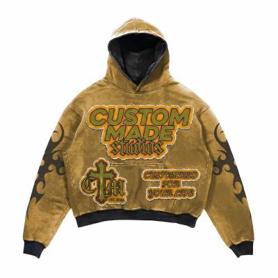 China Custom Oversized Distressed Raw Edge Applique Vintage Wash Hoodies For Men for sale