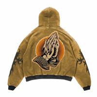 China Custom Oversized Distressed Raw Edge Applique Vintage Wash Hoodies For Men for sale