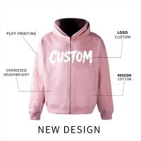 China Custom 400GSM Heavyweight Zip-Up Hoodie with 3D Embossing and Puff Printing for Streetwear for sale