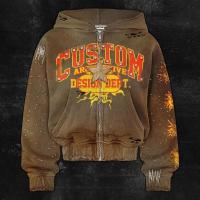 China Custom Distressed Rhinestone Embellished Zip Up Hoodie with Oversized Fit for Streetwear for sale
