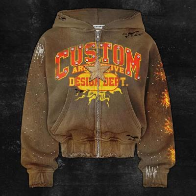 China Custom Distressed Rhinestone Embellished Zip Up Hoodie with Oversized Fit for Streetwear for sale