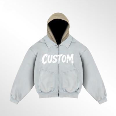 China Custom Hardware Vintage Acid Wash 380-450 GSM Heavyweight Zip-Up Hoodie Streetwear Jacket for sale