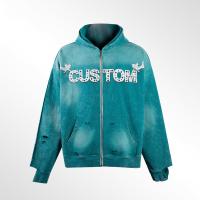 China Custom 450GSM Heavyweight Vintage Wash Zip Up Hoodie with Rhinestone Details for sale
