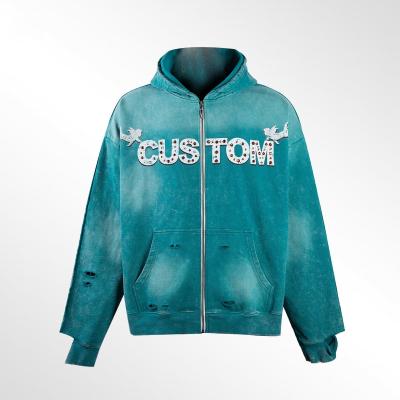 China Custom 450GSM Heavyweight Vintage Wash Zip Up Hoodie with Rhinestone Details for sale