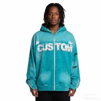 China Custom 450GSM Heavyweight Vintage Wash Zip Up Hoodie with Rhinestone Details for sale