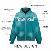 China Custom 450GSM Heavyweight Vintage Wash Zip Up Hoodie with Rhinestone Details for sale