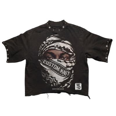 China Custom Distressed Oversized Boxy Fit Graphic Tee with Rhinestone Embellishments for sale