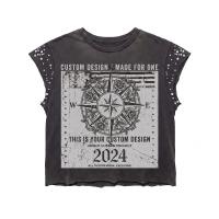 China Custom Washed Rhinestone Graphic Cap Sleeve T-Shirt for Streetwear Brands for sale