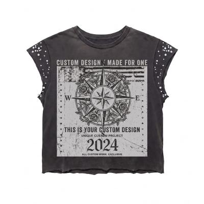 China Custom Washed Rhinestone Graphic Cap Sleeve T-Shirt for Streetwear Brands for sale