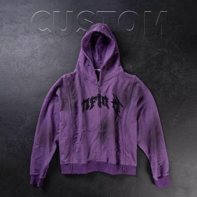 China Custom Oversized Acid Wash Distressed Embroidered Applique Zip-Up Hoodie for Streetwear Brands for sale
