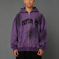 China Custom Oversized Acid Wash Distressed Embroidered Applique Zip-Up Hoodie for Streetwear Brands for sale