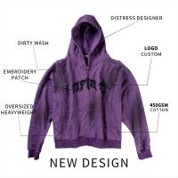China Custom Oversized Acid Wash Distressed Embroidered Applique Zip-Up Hoodie for Streetwear Brands for sale