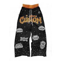 China Heavyweight 380-450 GSM Men Sweatpants with Custom Raw Edge Applique and All-Over Rhinestone Detailing for sale