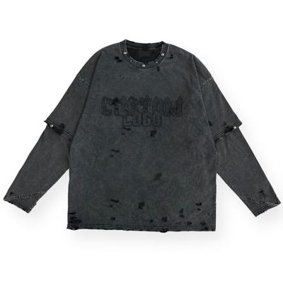 China Custom Vintage Distressed Long Sleeve T-Shirt for Streetwear Brands for sale