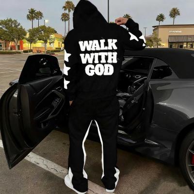 China Custom Graphic Print Hoodie and Cut-and-Sew Panel Sweatpants Set with Oversized Fit for sale