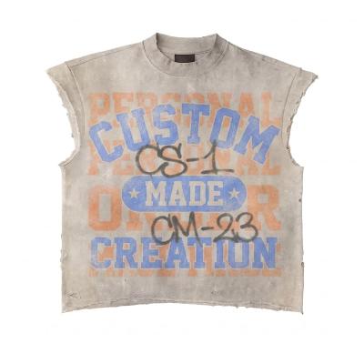 China Custom Vintage Acid Wash Sleeveless T-Shirt with Raw Edge Armholes and 210-250 GSM Fabric for sale