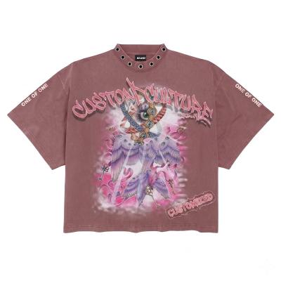 China Custom Vintage Wash Heavyweight Oversized Graphic T-Shirt with Metal Eyelets for sale