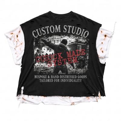 China High Street Custom Burn-Effect & Frayed Edges Double-Layered Distressed T-Shirts for sale