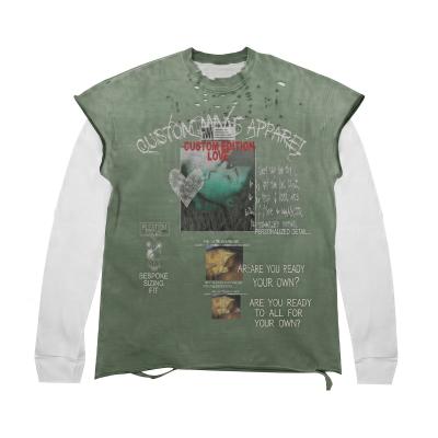 China Custom Vintage Wash Fake Two-Piece Distressed Long Sleeve T-Shirt for Men for sale