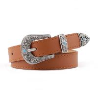 China Women PU Leather Belt 107cm Metal Engraved Buckle Bohemian Style Fashion Casual Belt for sale