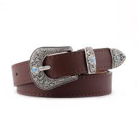 China Women PU Leather Belt 107cm Metal Engraved Buckle Bohemian Style Fashion Casual Belt for sale