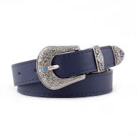 China Women PU Leather Belt 107cm Metal Engraved Buckle Bohemian Style Fashion Casual Belt for sale