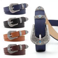 China Women PU Leather Belt 107cm Metal Engraved Buckle Bohemian Style Fashion Casual Belt for sale