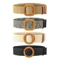 China Straw Woven Elastic Waist Belt 4.5cm Width 100cm Length Wooden Buckle Women Dress Belt for sale