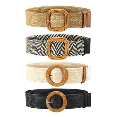 China Straw Woven Elastic Waist Belt 4.5cm Width 100cm Length Wooden Buckle Women Dress Belt for sale